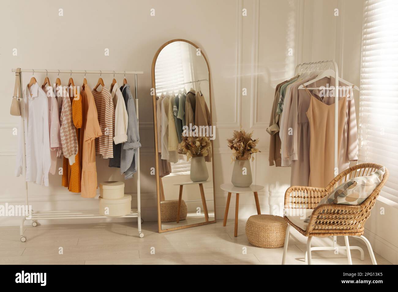 Modern dressing room interior with stylish clothes and beautiful dry ...