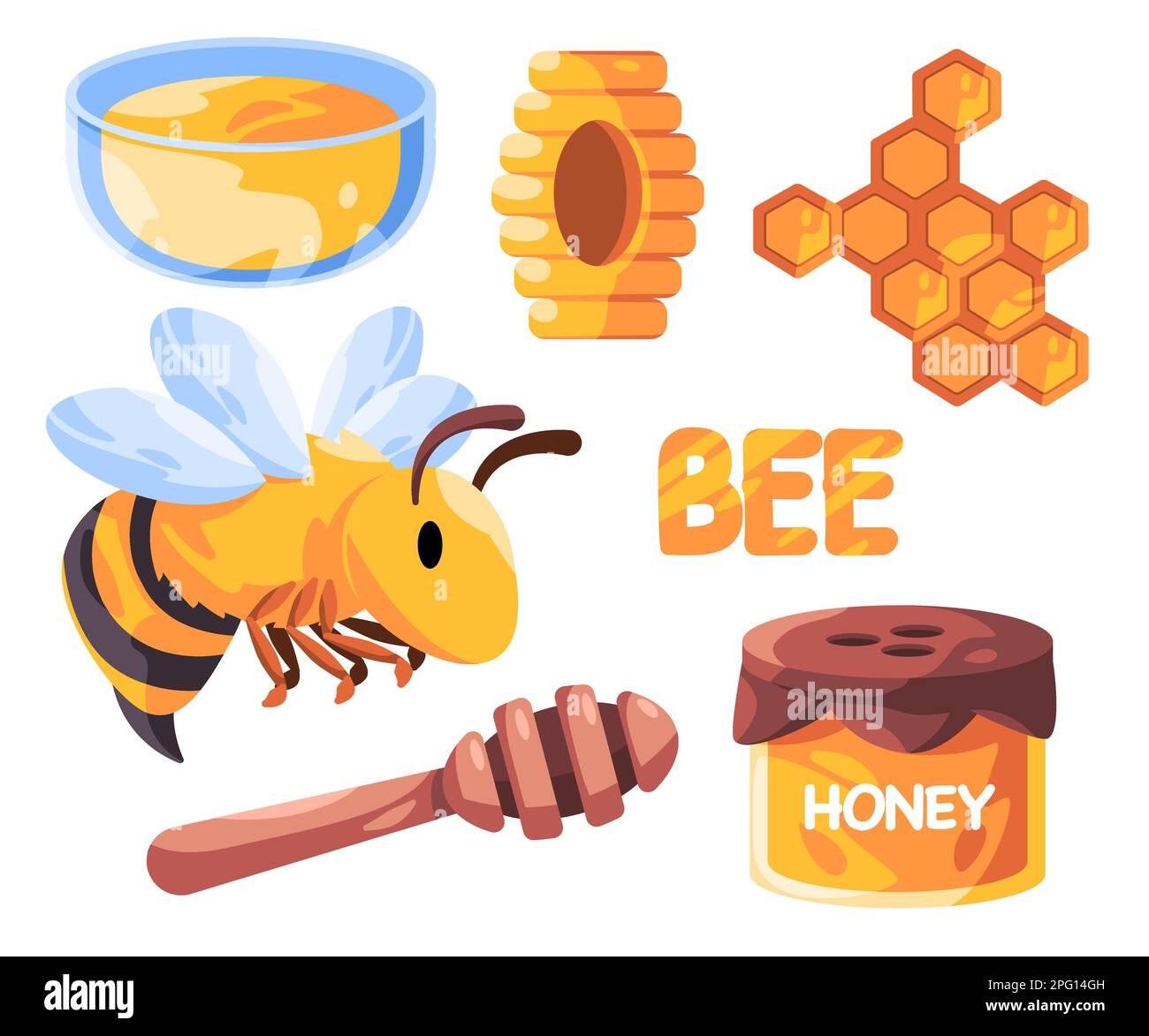 Honey bee illustration set drawing cartoon of honeycomb spoon jar Stock ...