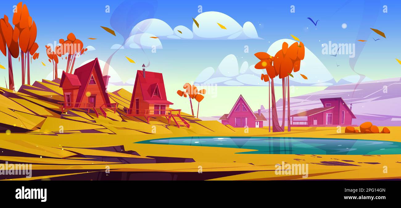 Autumn hill with house and lake vector landscape. Village scene with ...