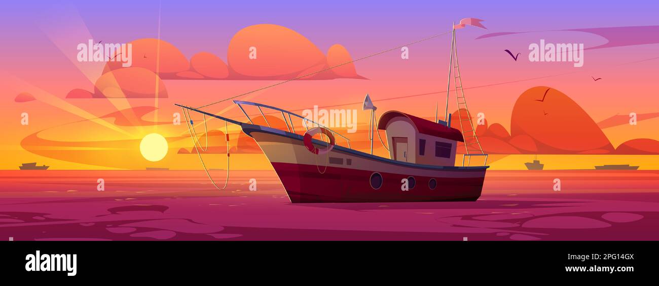 Fish trawler boat in sea vector marine background. Commercial fishery ...