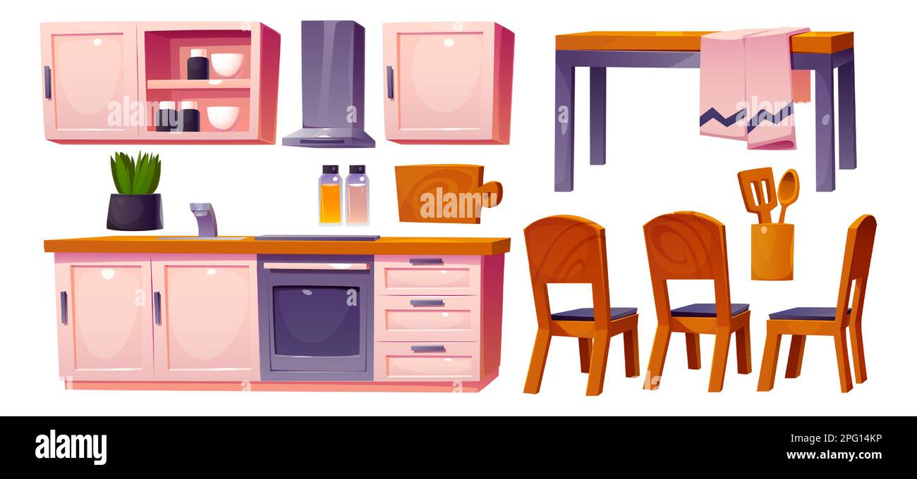 Home kitchen room interior with dining table, stove and sink. Isolated ...