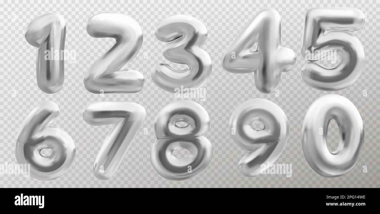 3d silver balloon number font, realistic isolated vector set. Steel ...