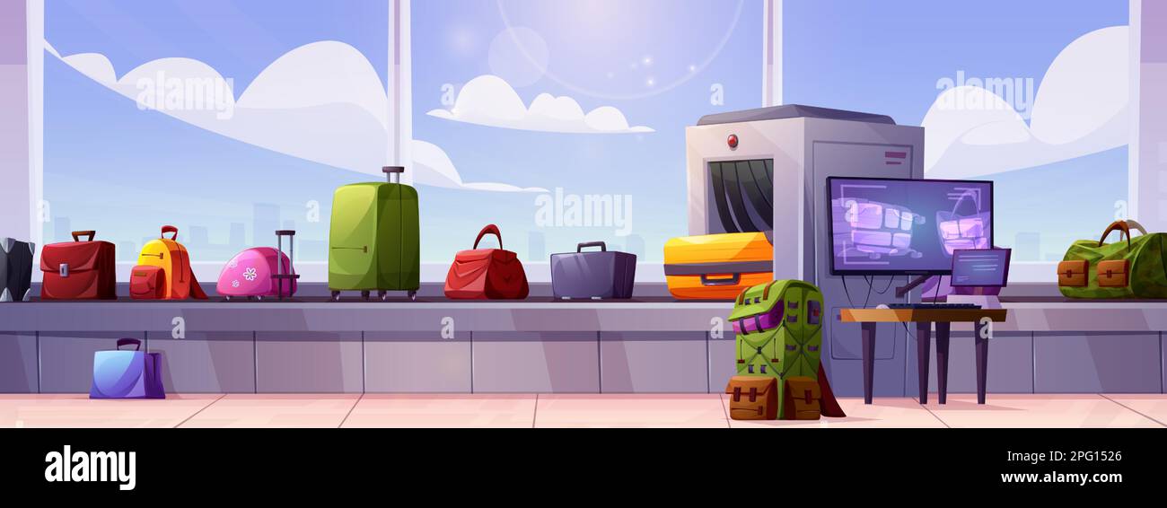 Airport luggage conveyor security belt vector. Check suitcase baggage ...