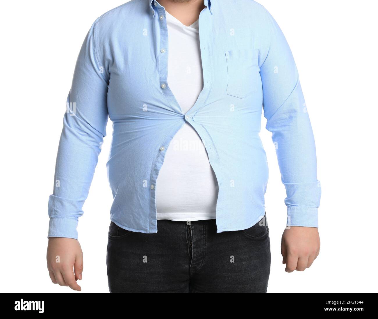 Overweight man in tight clothes on white background, closeup Stock ...