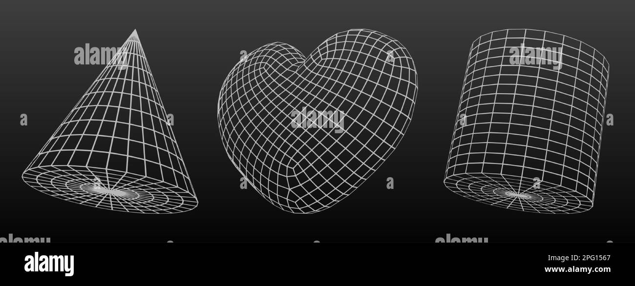 3d wireframe geometric shapes. Abstract geometry objects from line grid ...