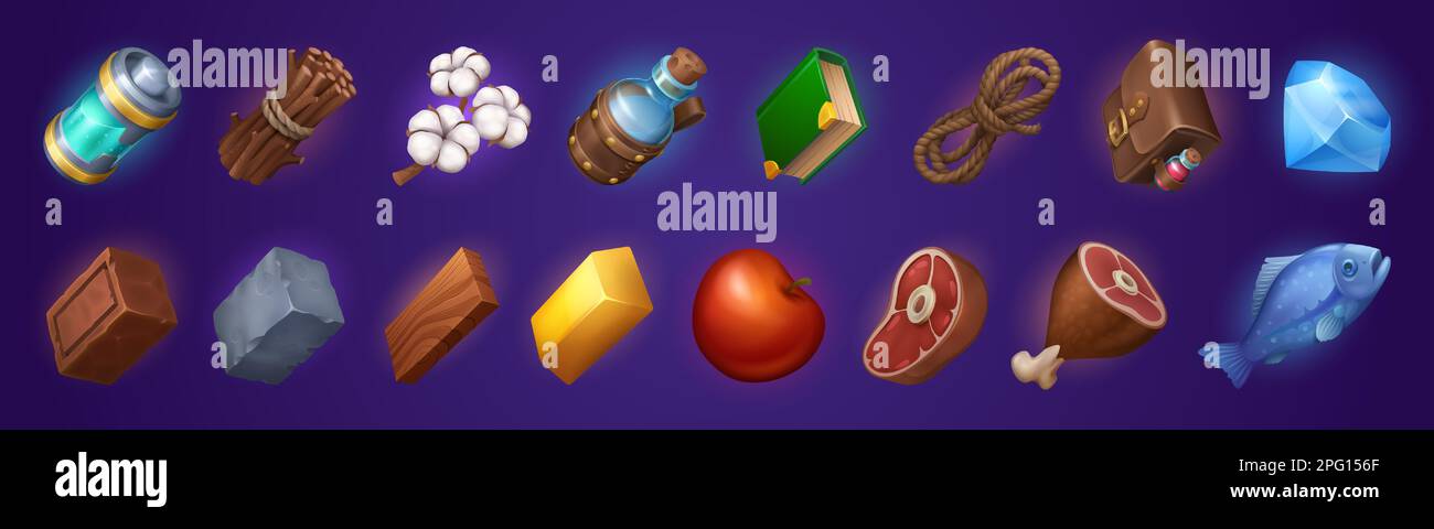 Vector cartoon game icon set with stone and food. Ui interface award ...