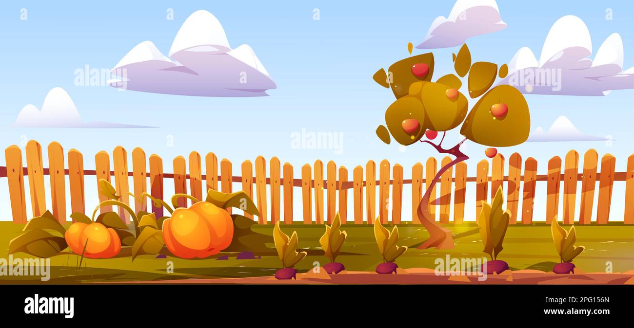 Cartoon fruit and vegetable garden. Vector illustration of apple tree ...