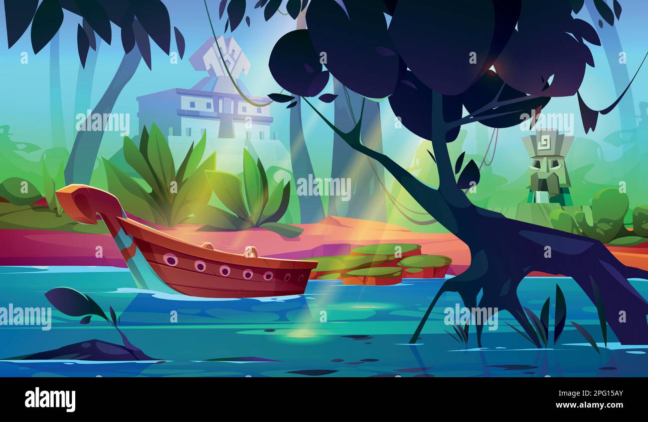 River in tropical forest with boat and ancient temple vector background ...