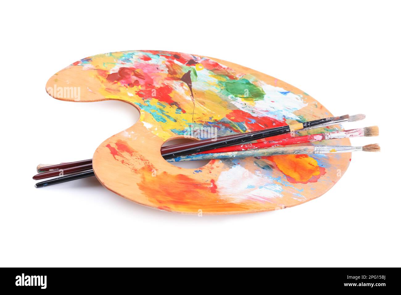 Palette with paints and brushes on white background. Artist equipment ...