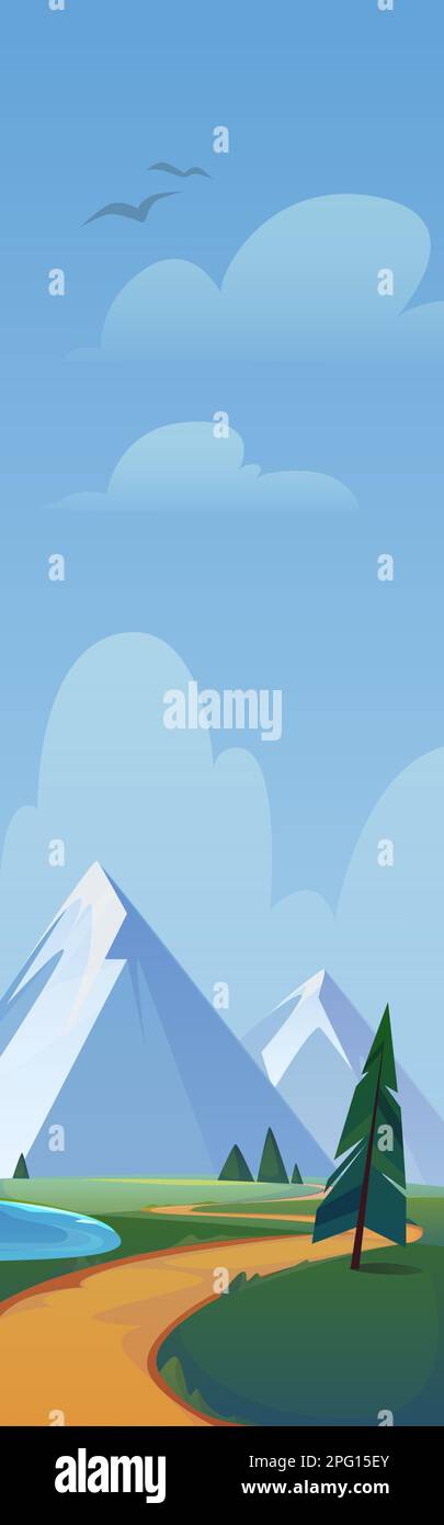 Vertical mountain landscape summer illustration. Sky nature and road ...