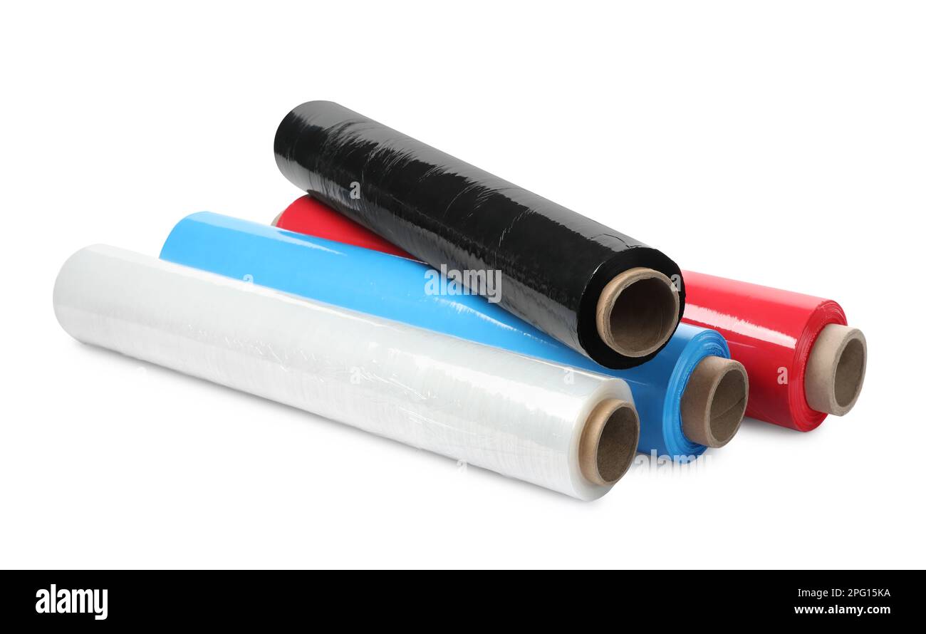Different plastic stretch wrap films on white background Stock Photo ...