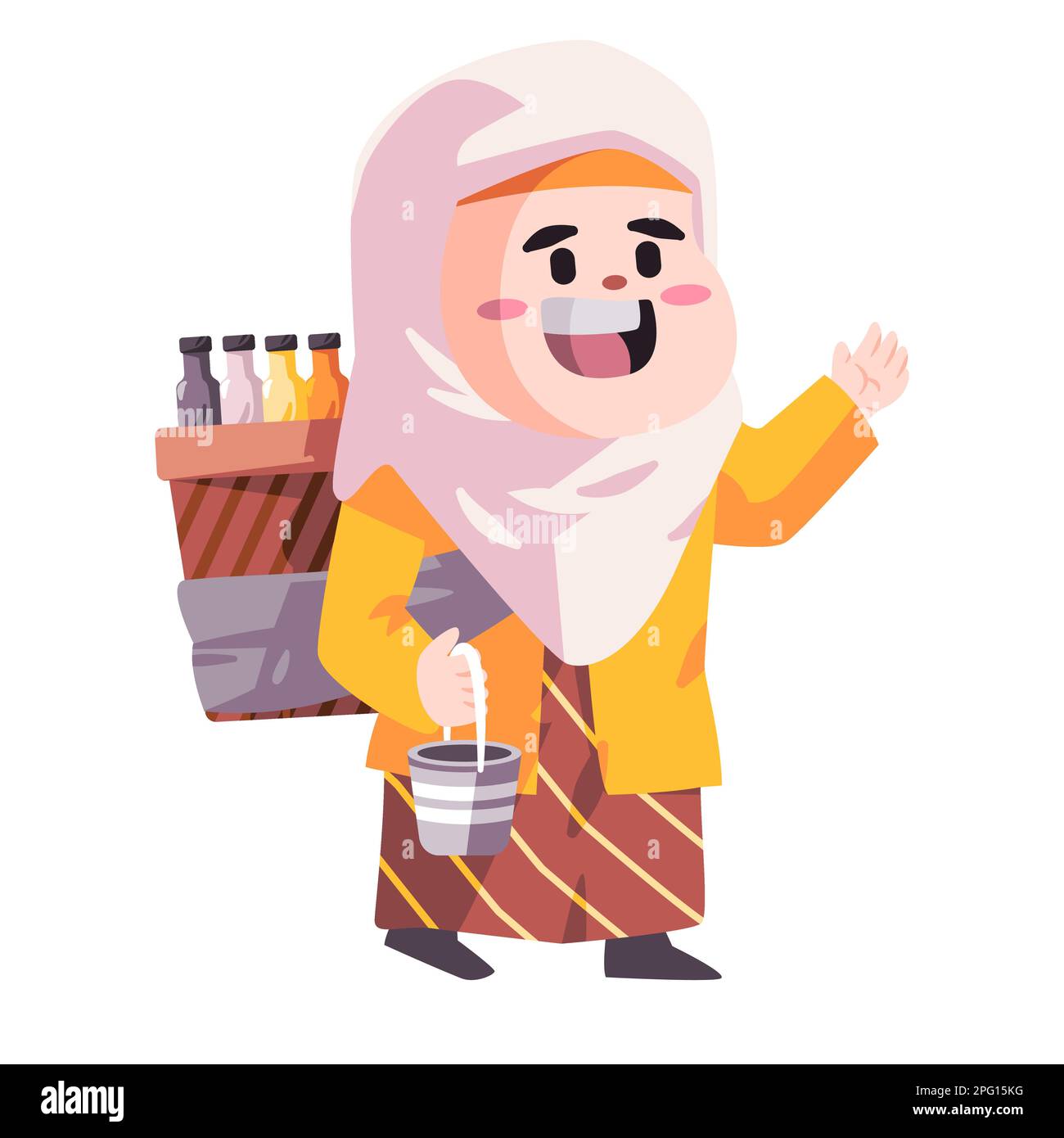 Jamu ethnic vendor of herbal drink woman carry bottle in basket ...