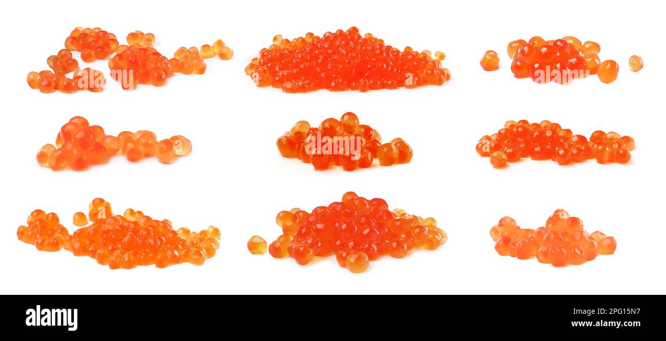Set with delicious red caviar on white background. Banner design Stock ...