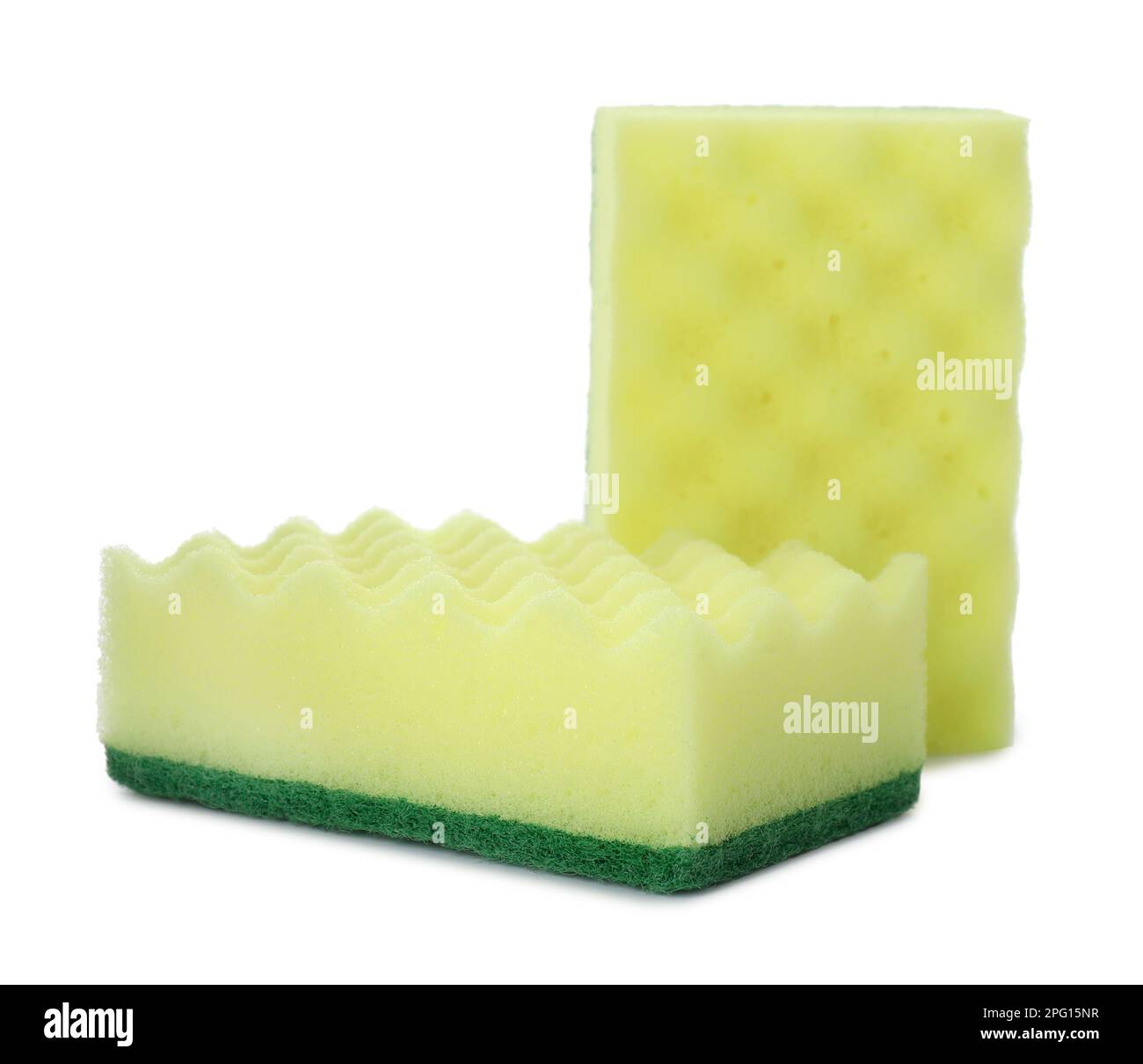 Yellow cleaning sponge with abrasive green scourers on white background ...