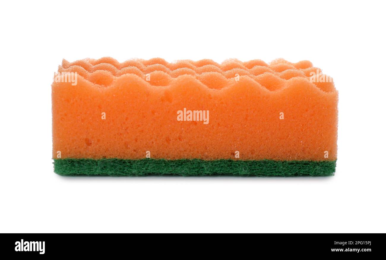 Orange cleaning sponge with abrasive green scourer isolated on white ...