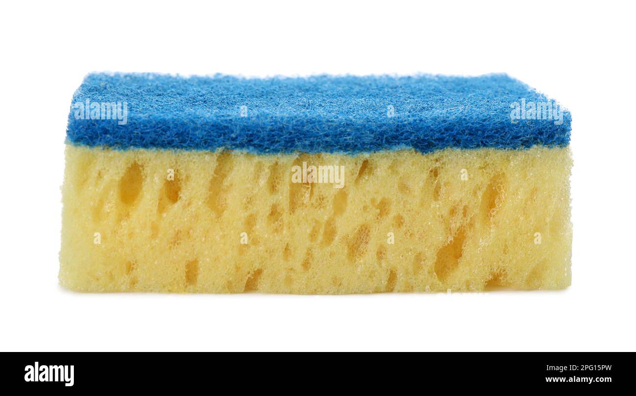 Yellow cleaning sponge with abrasive light blue scourer isolated on ...