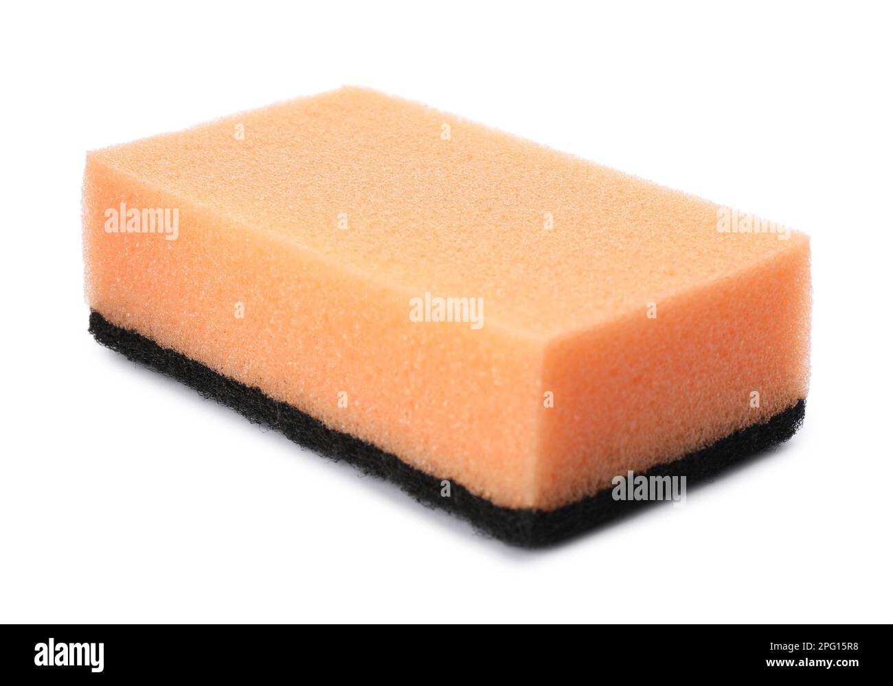 Orange cleaning sponge with abrasive black scourer isolated on white ...