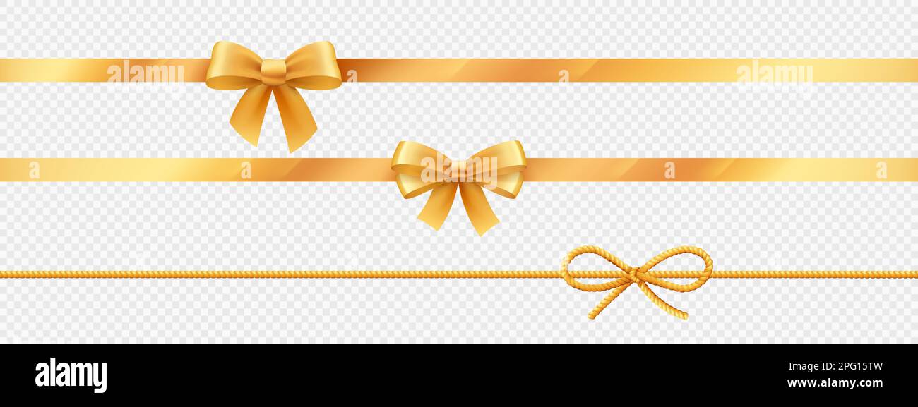 Gold ribbons with bow and knot for birthday gift decor. Golden silk or ...