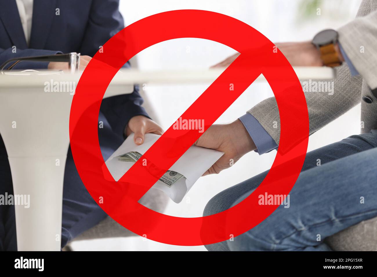Stop corruption. Illustration of red prohibition sign and man giving ...