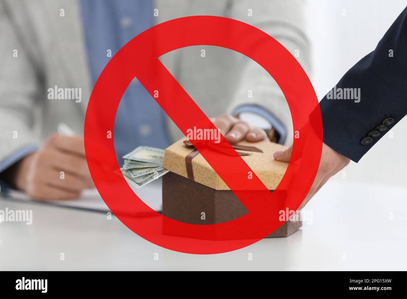 Stop corruption. Illustration of red prohibition sign and woman giving ...