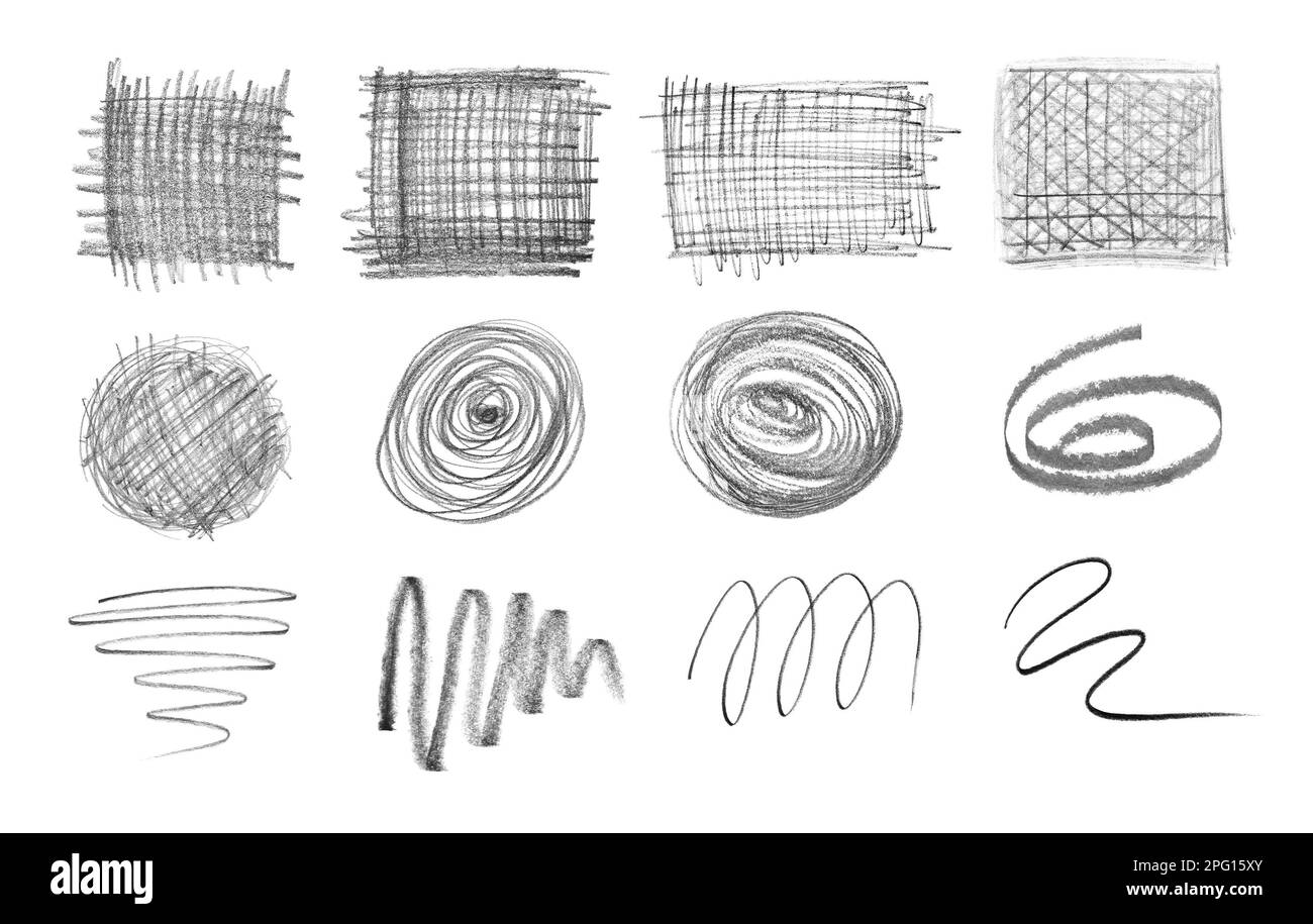 Set with hand drawn pencil scribble on white background, top view Stock ...