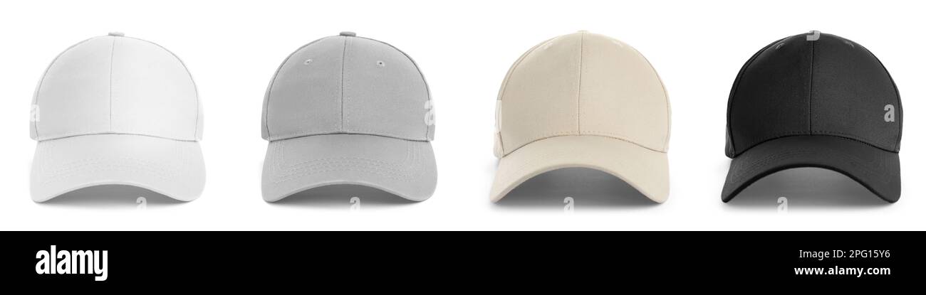Set with different baseball caps on white background. Mock up for ...