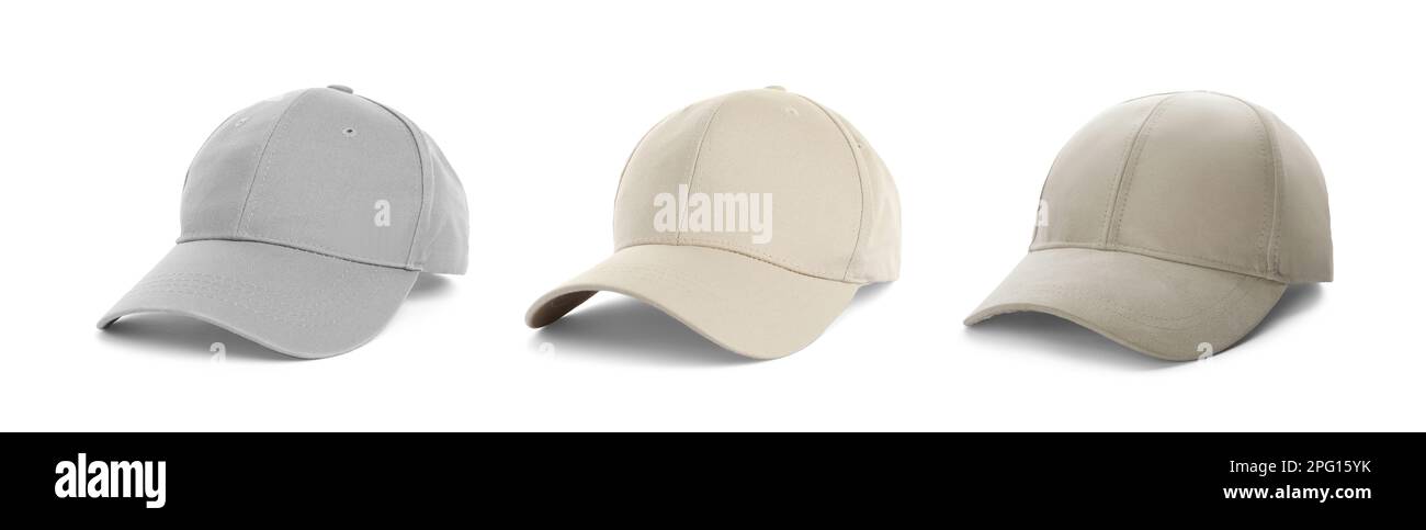 Set with different baseball caps on white background. Mock up for ...