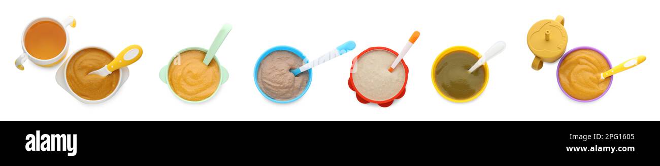 Set with healthy baby food in different dishes on white background, top ...