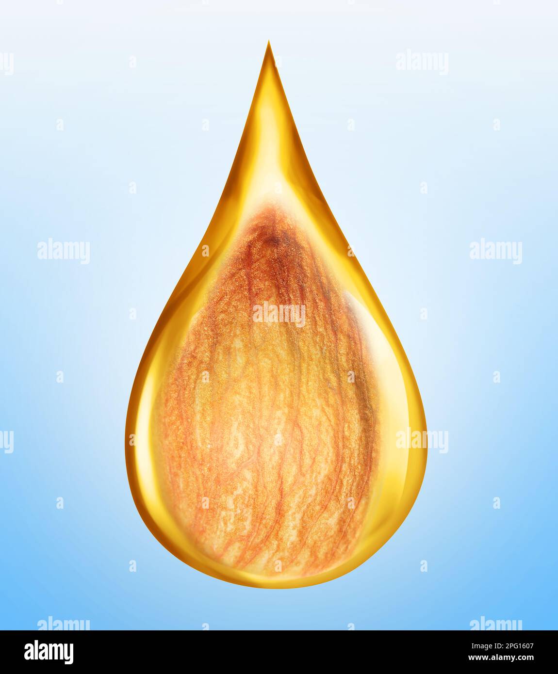 Drop of organic oil with almond inside on light blue background Stock ...