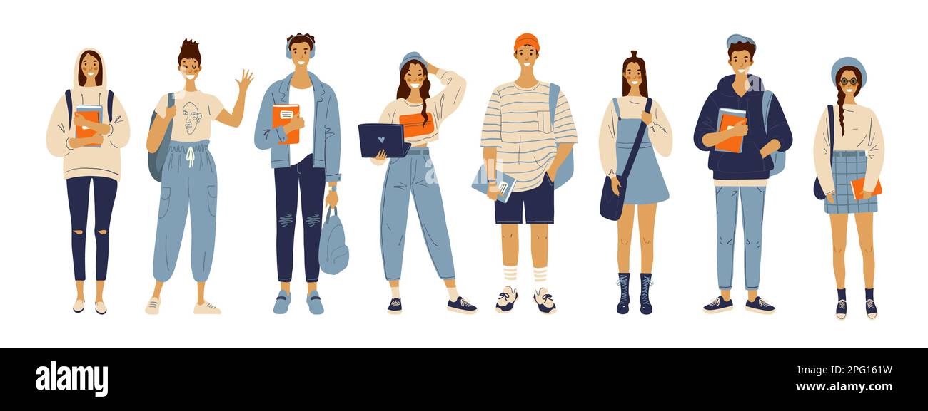 A group of students with backpacks, bags, textbooks and gadgets, high ...