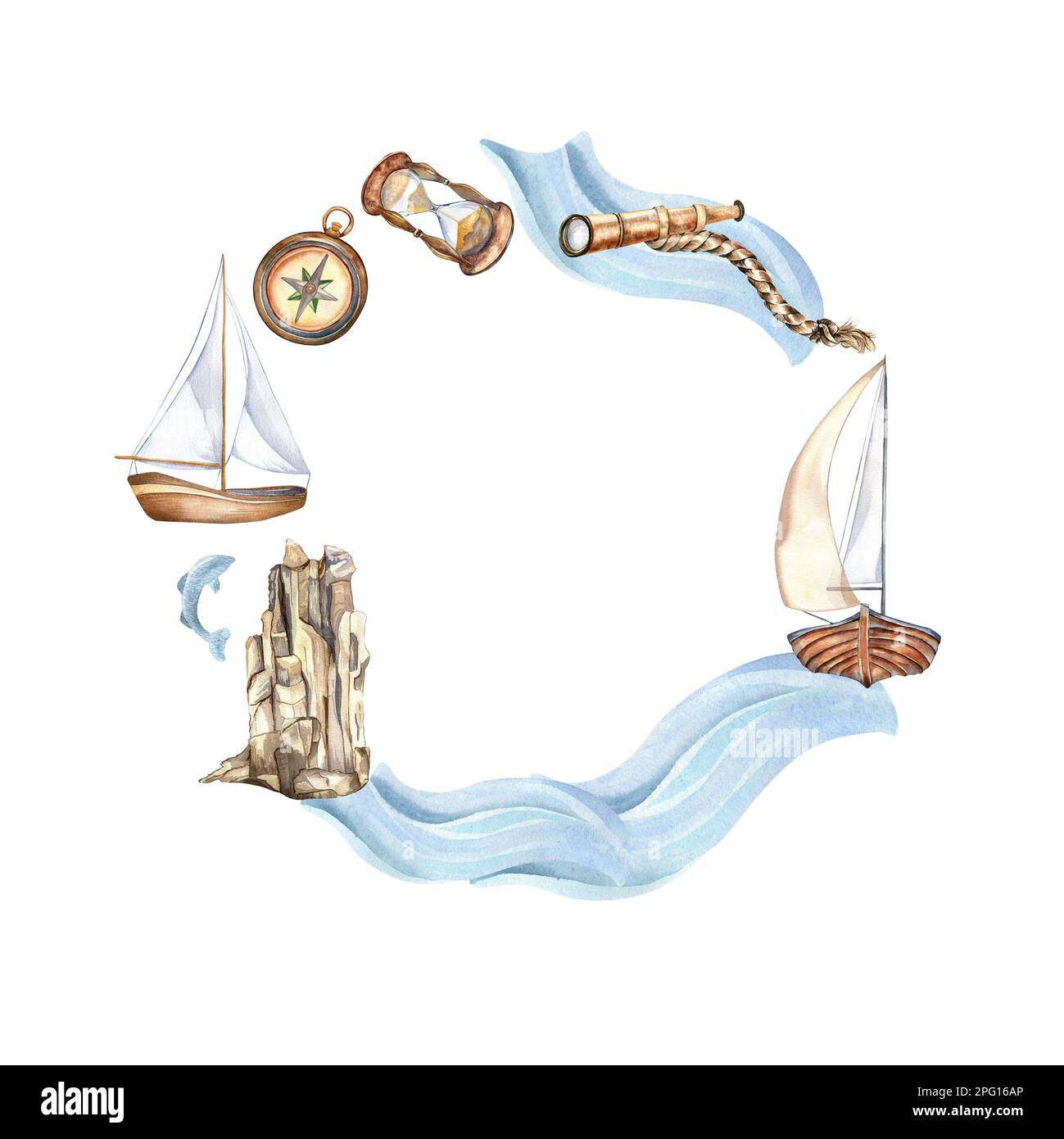 Frame of sailing ship vintage style watercolor illustration isolated on ...