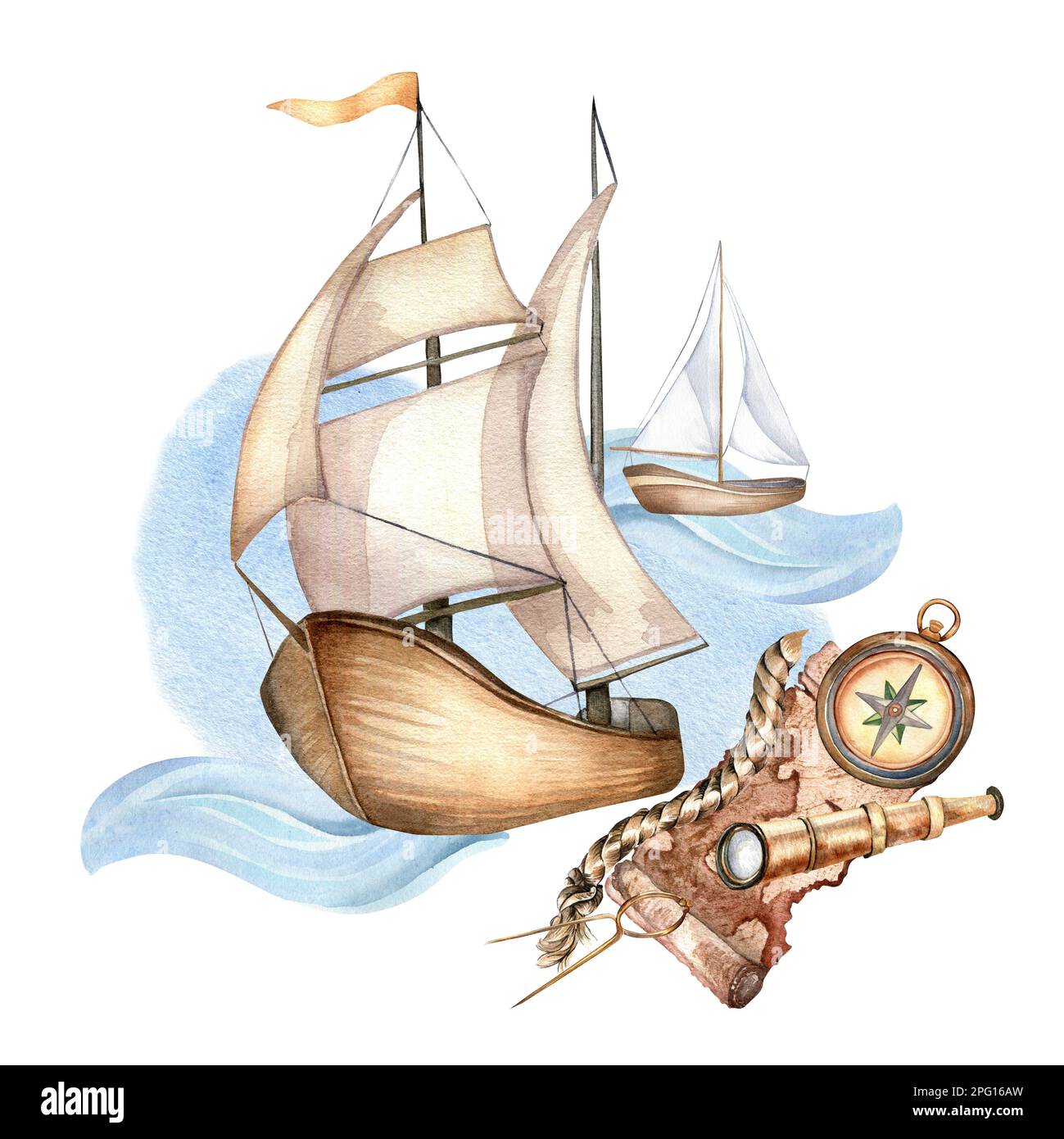 Composition of sailing ships vintage style watercolor illustration ...