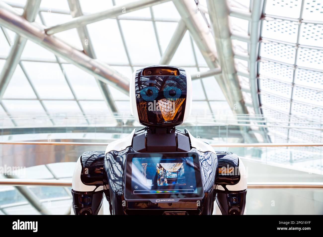 Promobot Robot Portrait Close Up Smiling Face Of Robot Autonomous Personal Assistant Robot For
