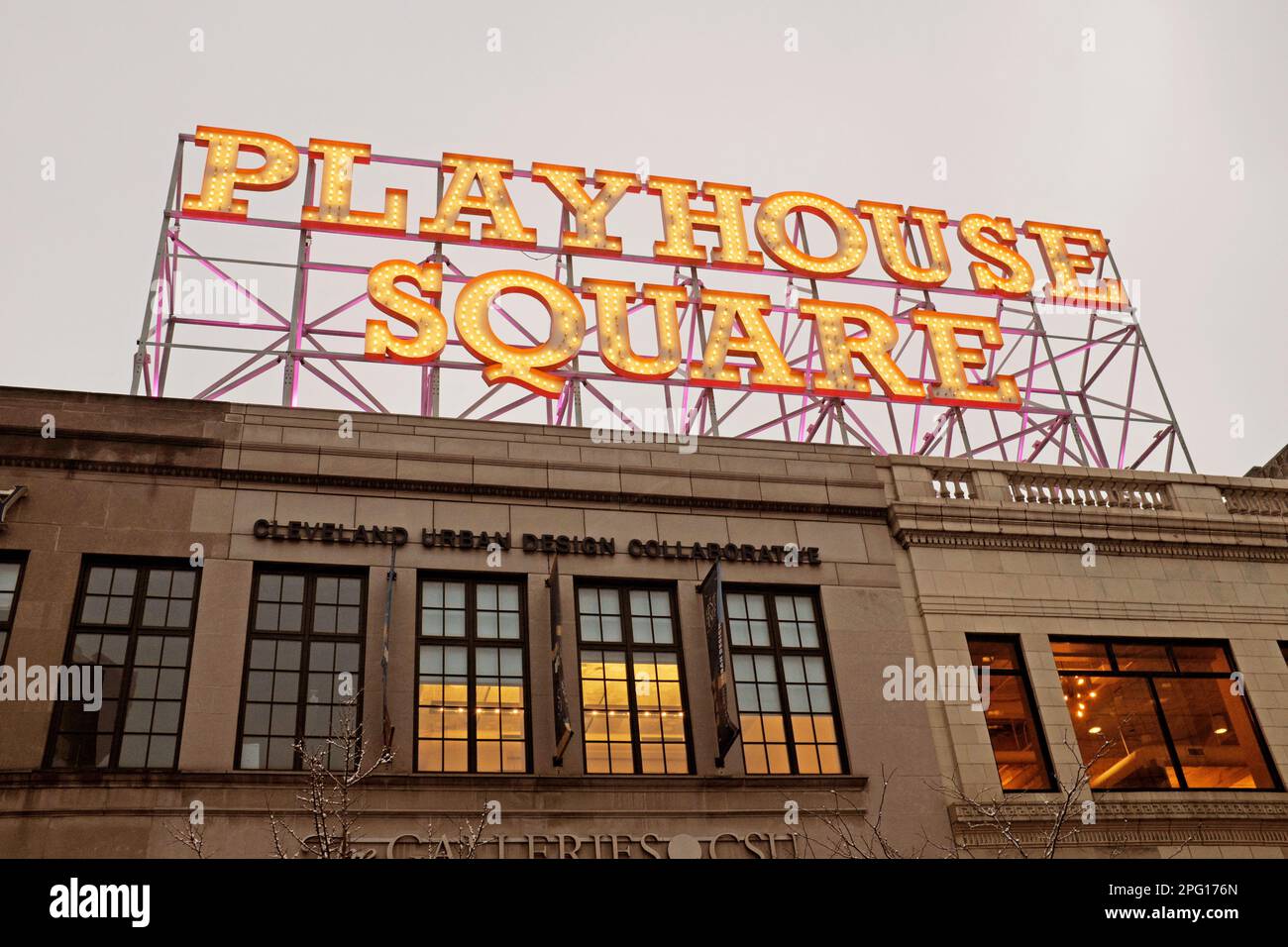 Iconic retro Playhouse Square sign illuminated in the historic Cleveland, Ohio theater district ...