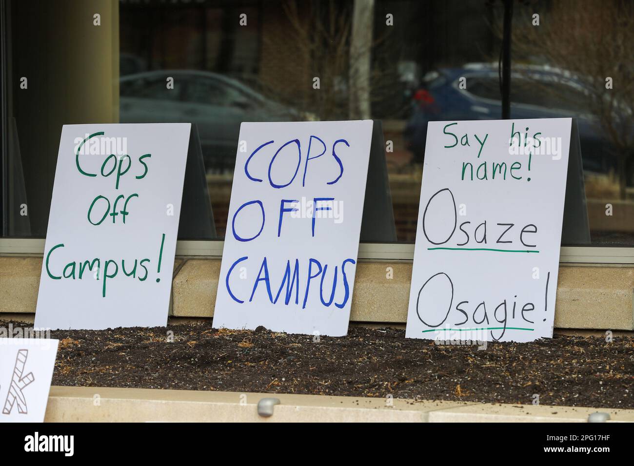 State College, United States. 19th Mar, 2023. Placards are seen during ...