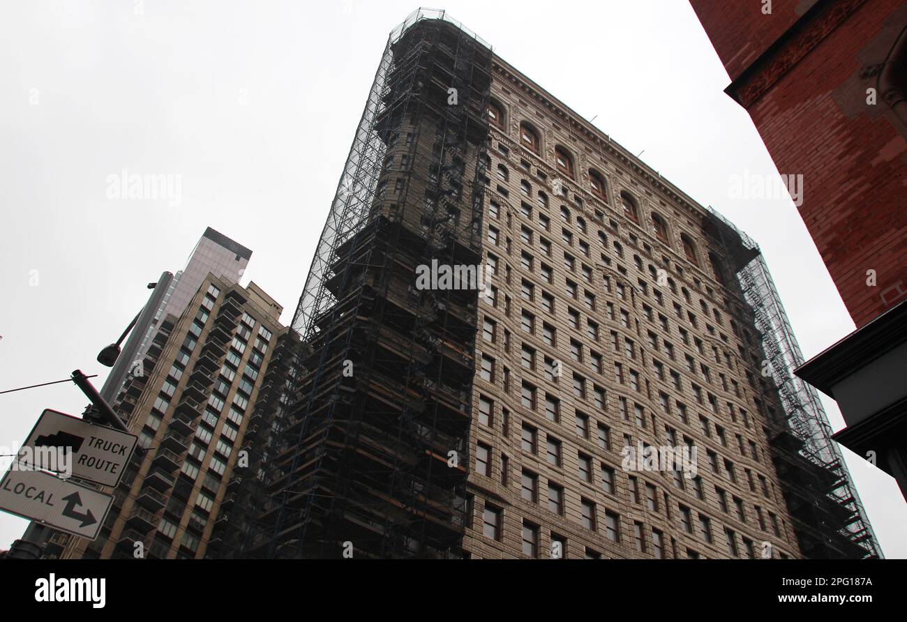 New York, USA. 14th Mar, 2023. The partially scaffolded Flatiron ...