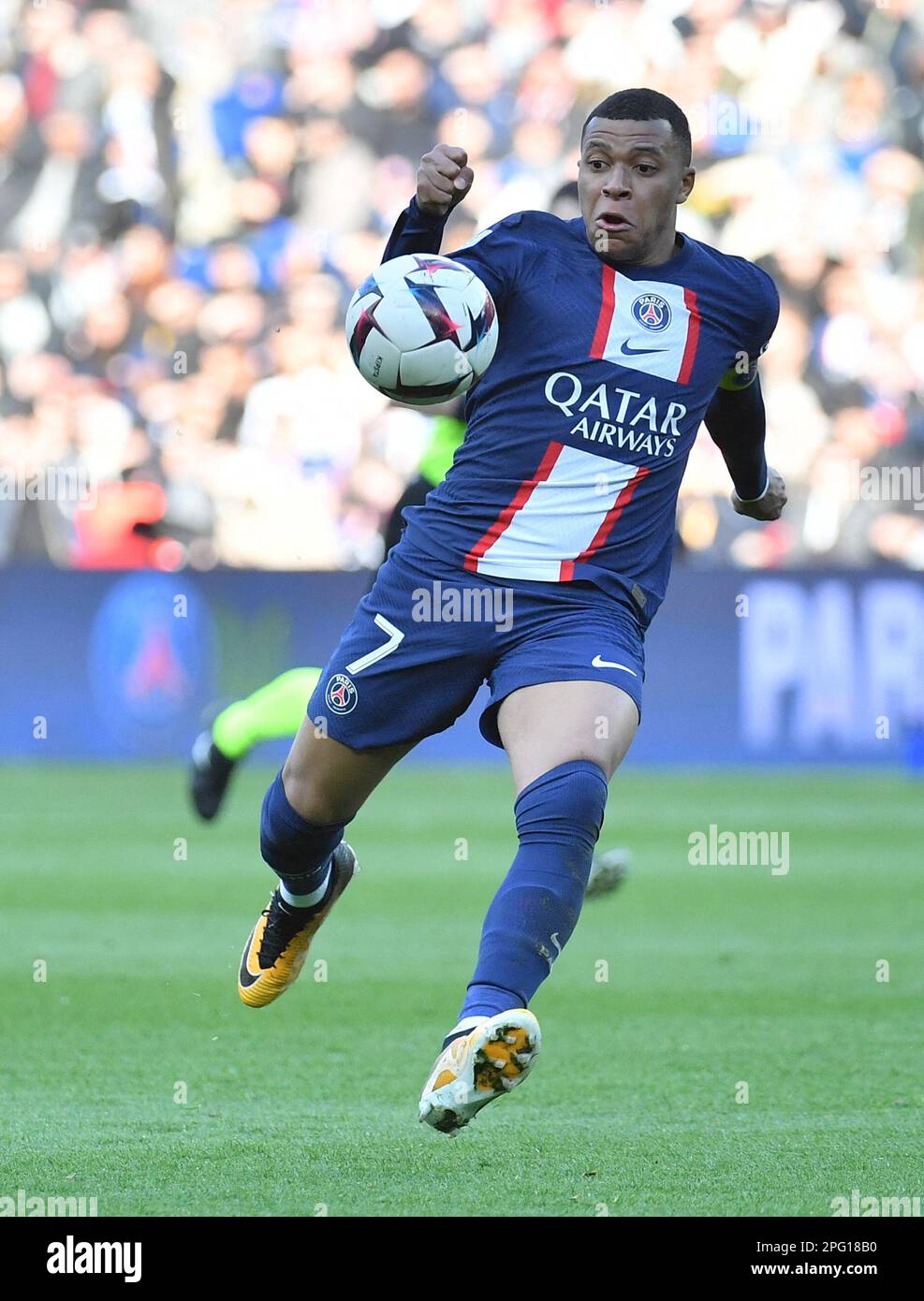 Paris, France. 19th Mar, 2023. Paris Saint Germain's striker Kylian Mbappe during the Ligue 1 ...