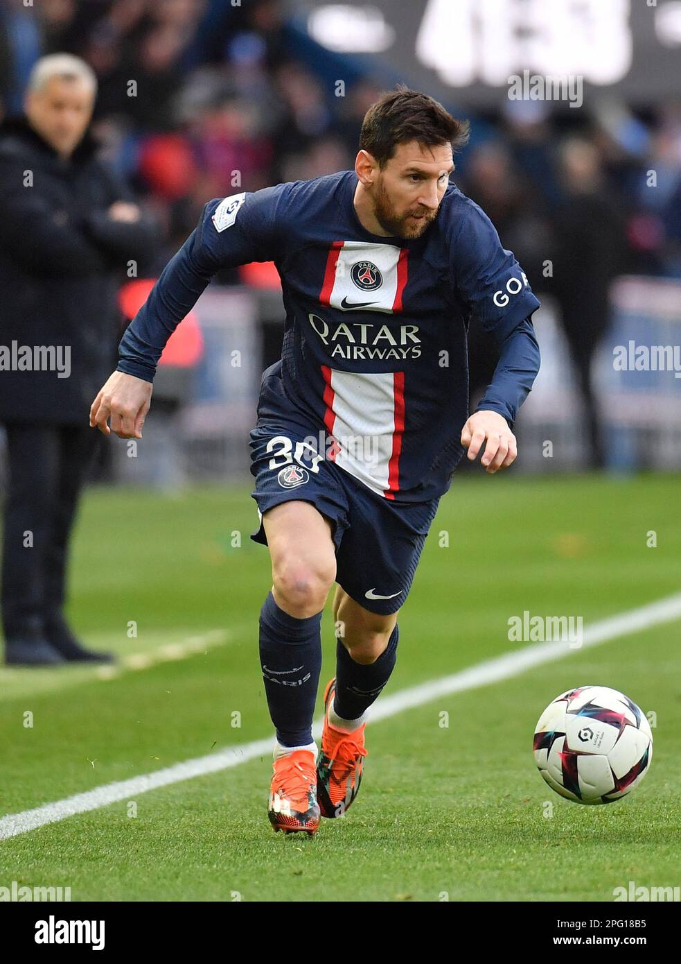 Paris, France. 19th Mar, 2023. Paris Saint Germain's striker Lionel Messi during the Ligue 1 ...