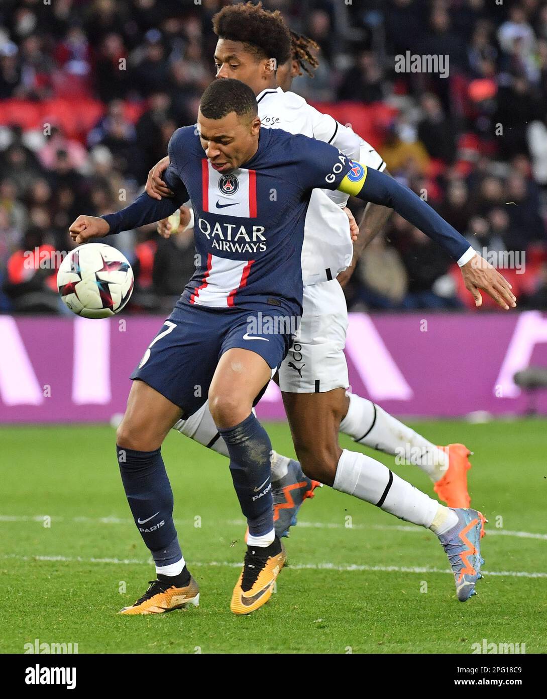 Paris, France. 19th Mar, 2023. Paris Saint Germain's striker Kylian Mbappe during the Ligue 1 ...
