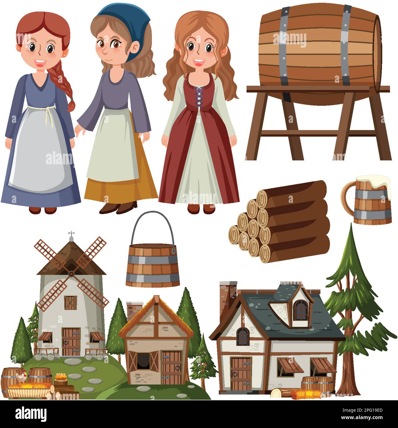 Set of medieval villager cartoon character illustration Stock Vector ...