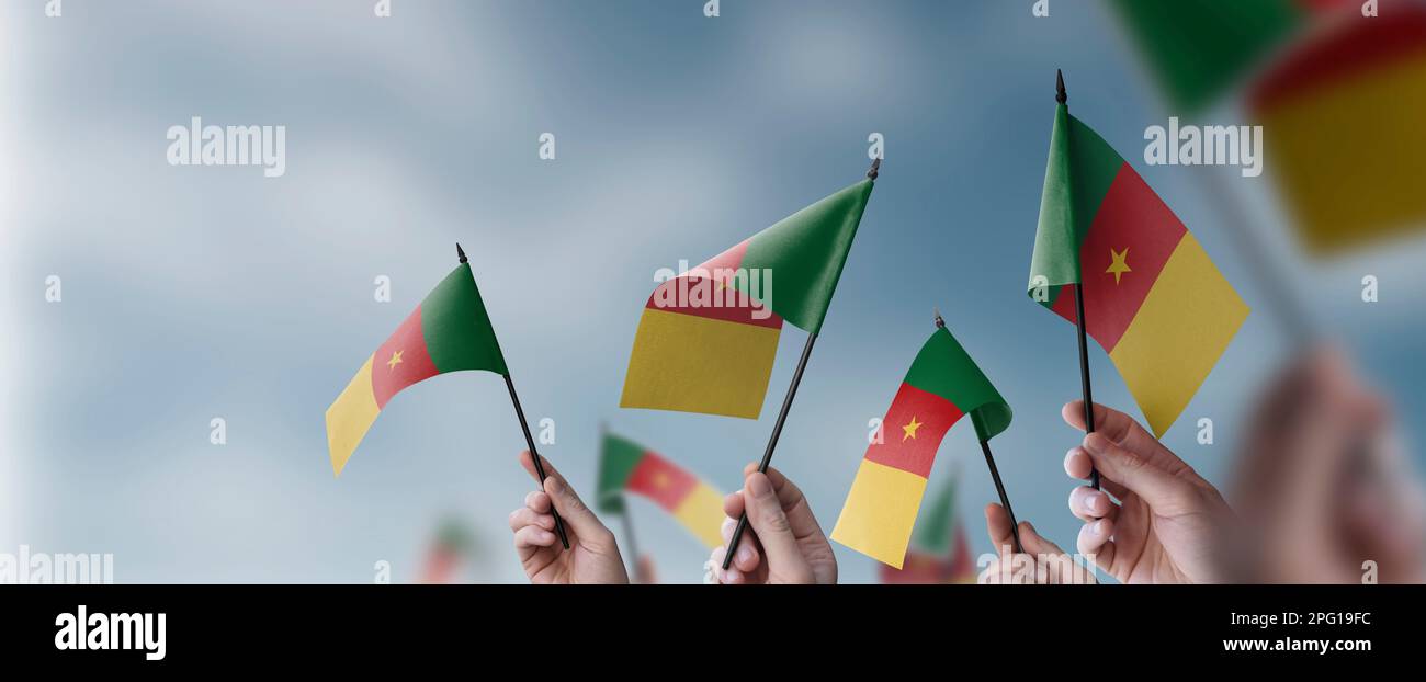 A group of people holding small flags of the Cameroon in their hands ...