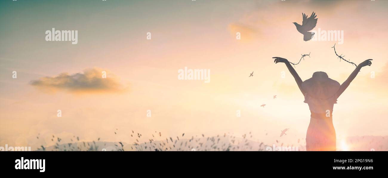 Happy woman rise hand break jail on morning view. Christian inspire ...