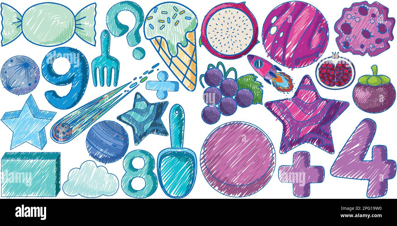 Set of Objects in Pencil Colour Sketch Simple Style illustration Stock ...