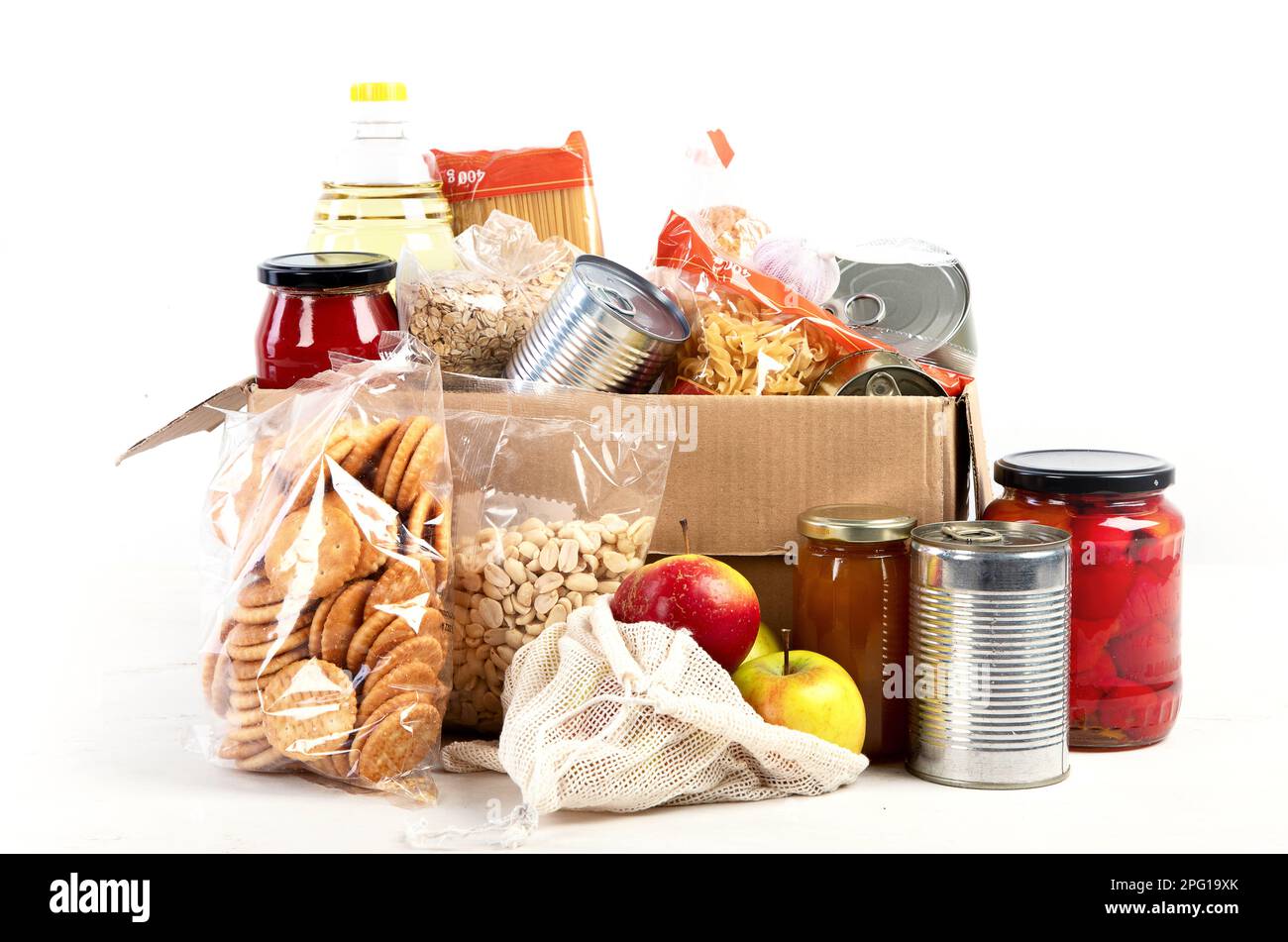 Food donation box of different products on light background, top view ...