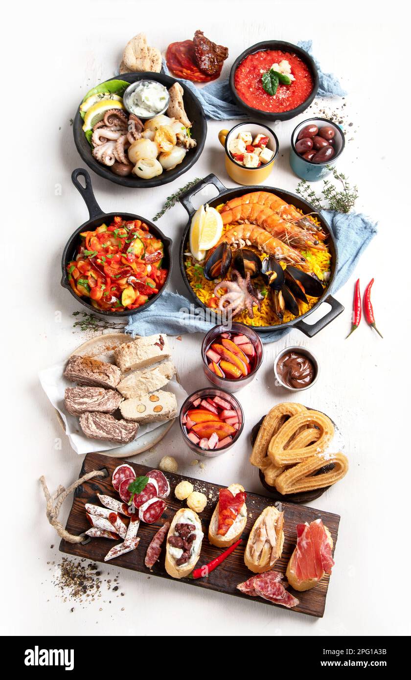 Typical spanish tapas concept. Concept include jamon, chorizo sausage ...