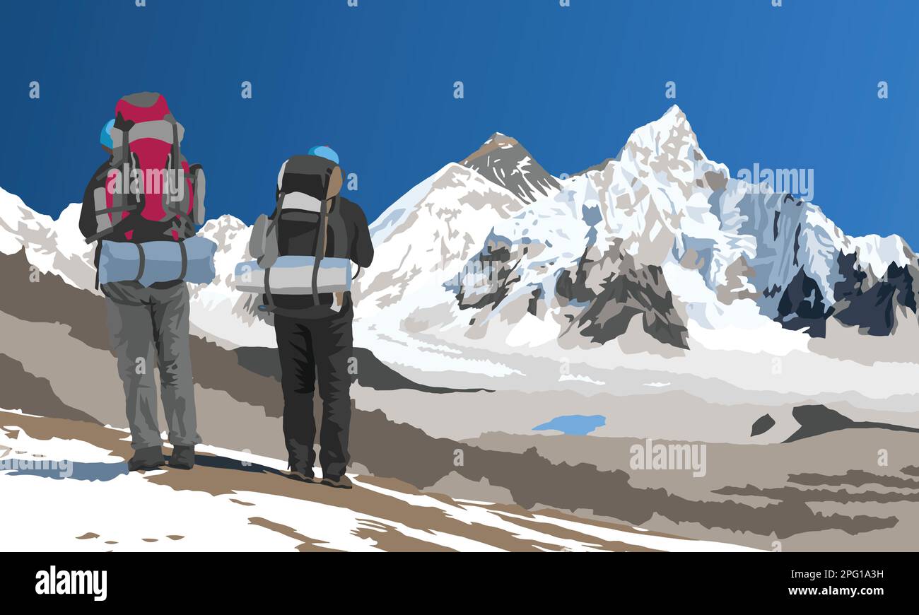 mount Everest and Nuptse from Nepal side as seen from Kala Patthar peak and two tourists with ...