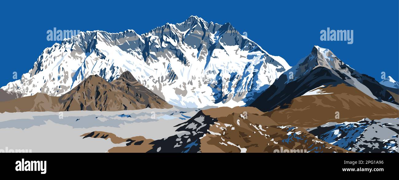 Mount Lhotse south rock face and glacier, vector illustration, Khumbu valley, Everest area ...