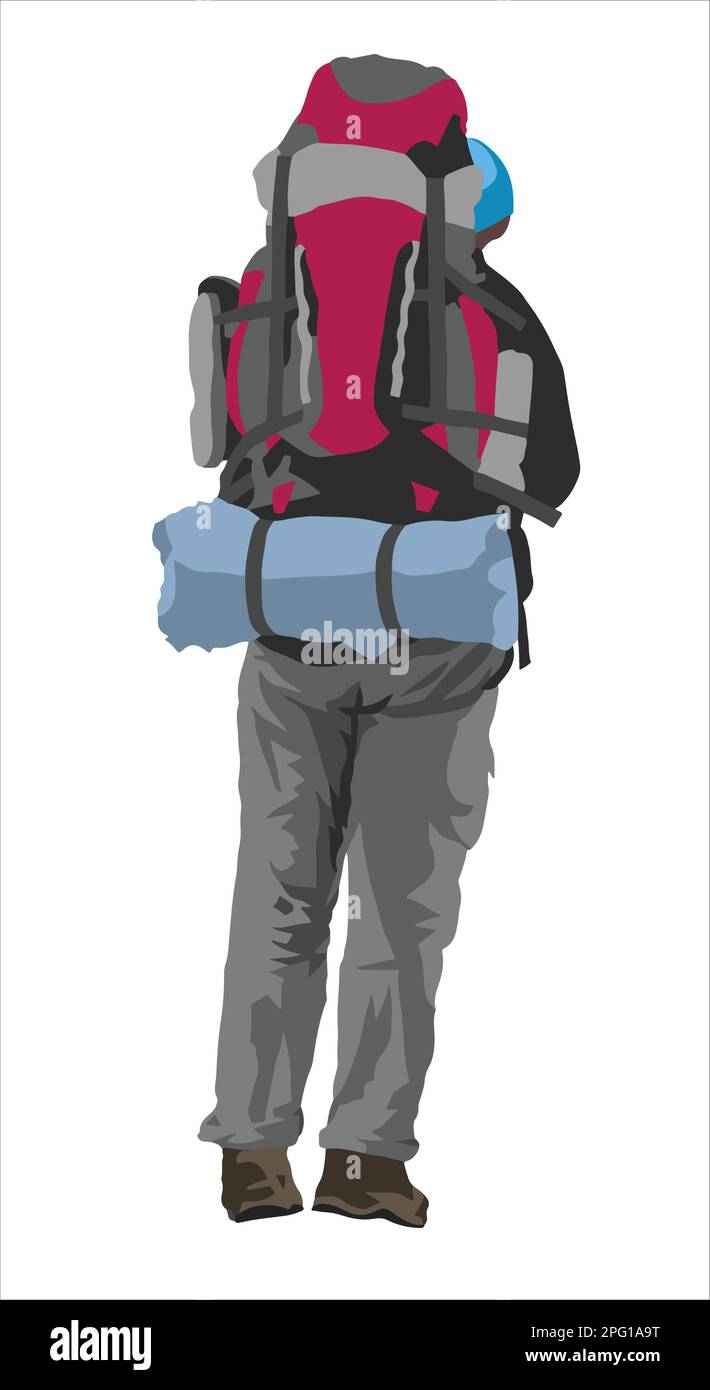 hiker with a big backpack on his back isolated on white background ...