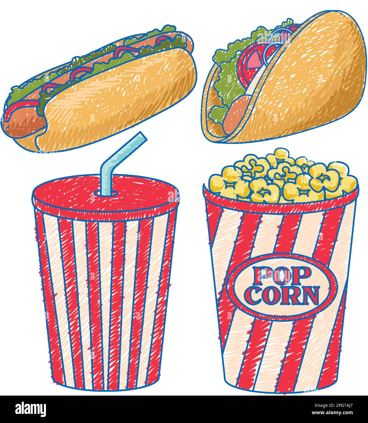 Junk Foods in Pencil Colour Sketch Simple Style illustration Stock ...