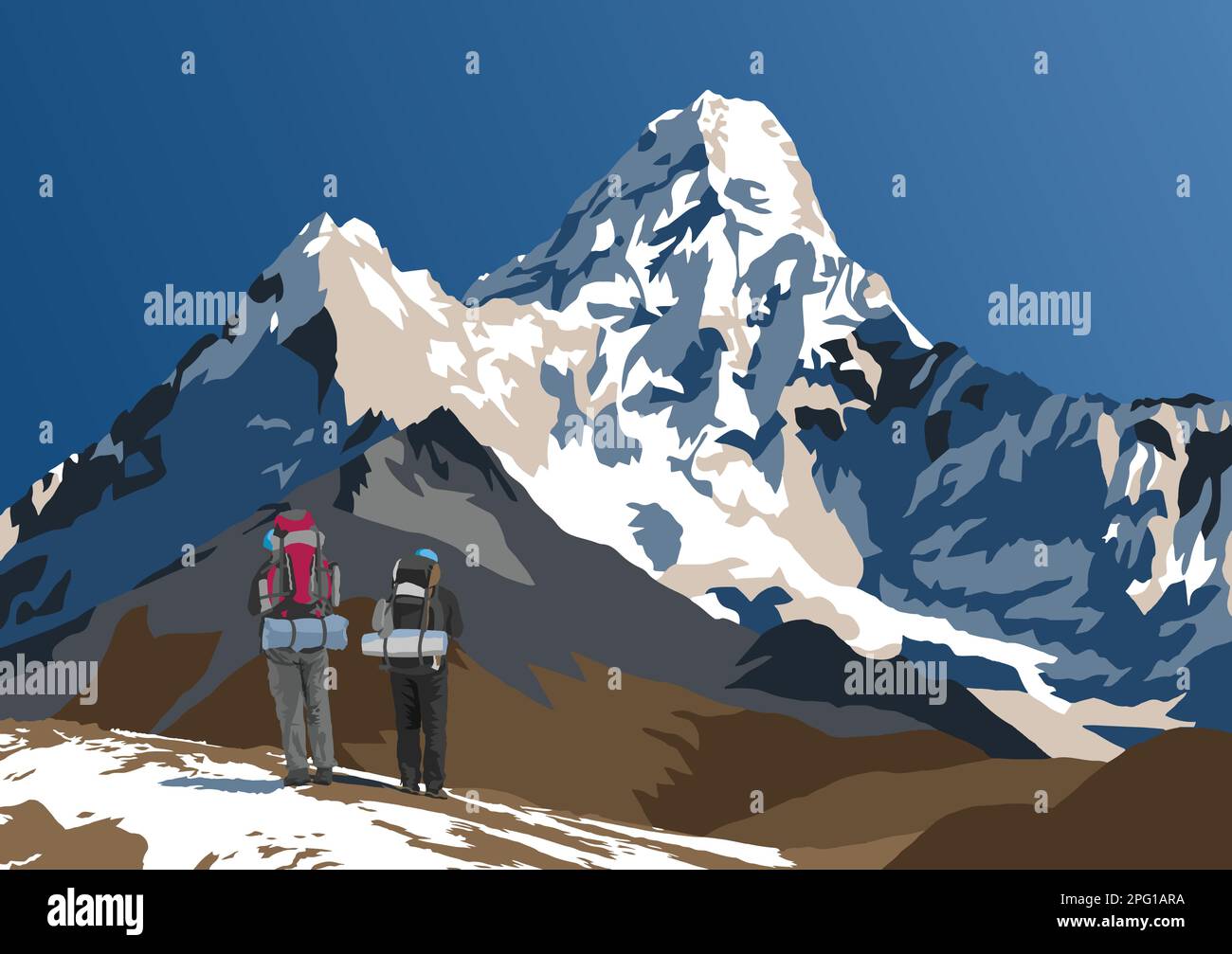 Mount Ama Dablam with two hikers, mountain vector illustration Stock ...